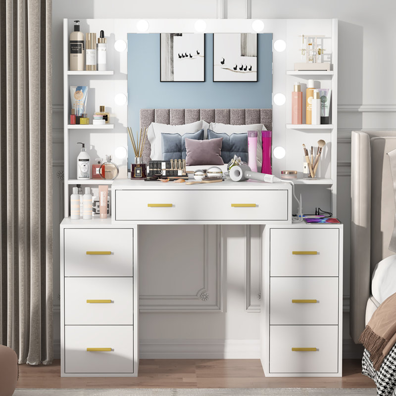 Pradep 43 Makeup Vanity with 3 Lighting Colors Everly Quinn Color White